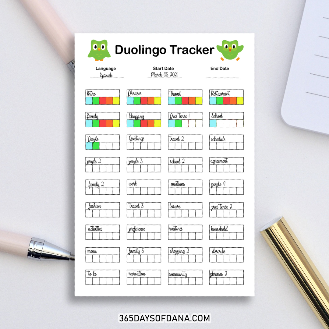 Duolingo Tracker – Free Printable – 365 Days of Dana